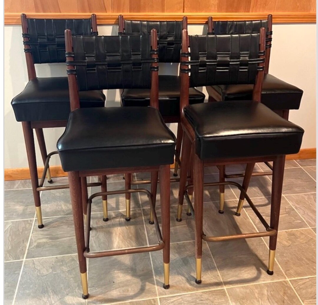 Vintage MCM Bar Stools & Woven Leather 5 by Empire State Chair Company ...