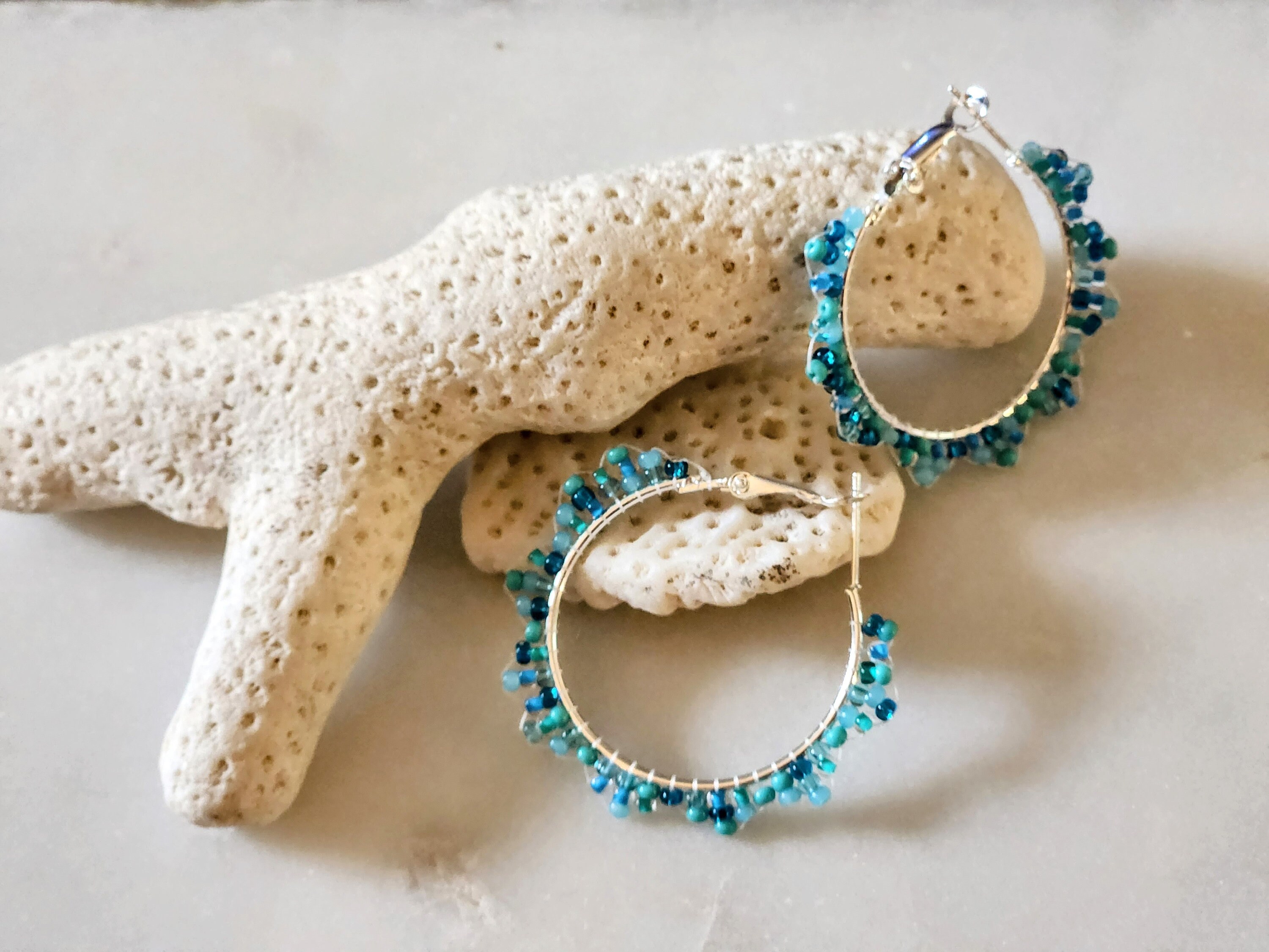 Boho Silver Hoop Earrings, Seed Bead Jewelry, Blue Hoops, Handmade ...