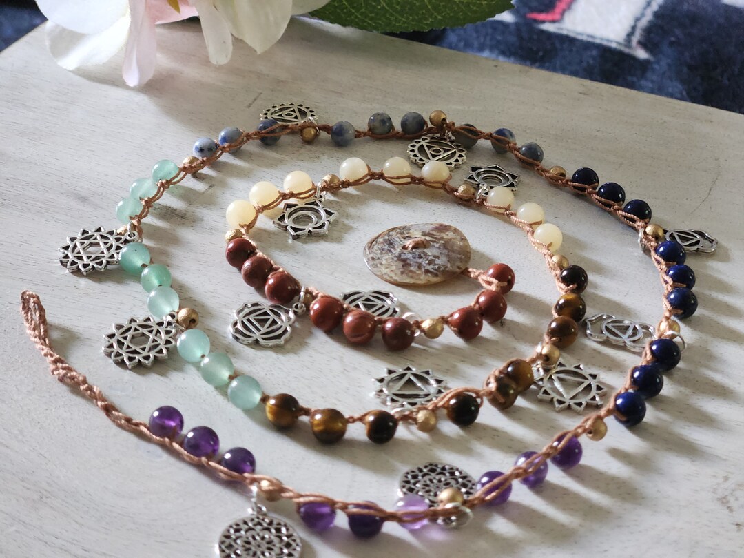 Crochet Necklace With Bronze Thread, Chakra Gemstone Beads, Tibetan ...