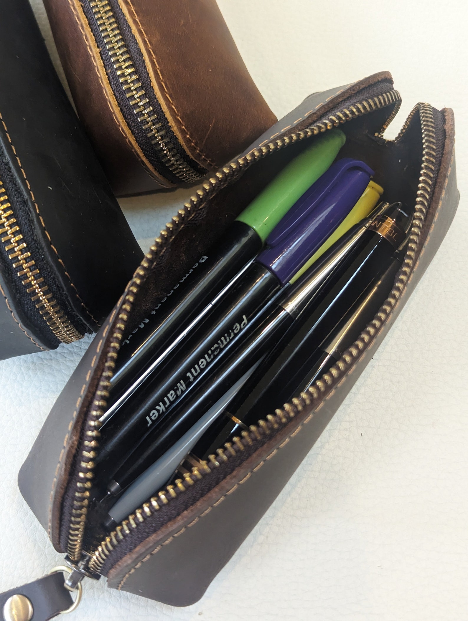 Real Leather Pencil Case, Soft Zip Pouch, School and Office, Graduation ...