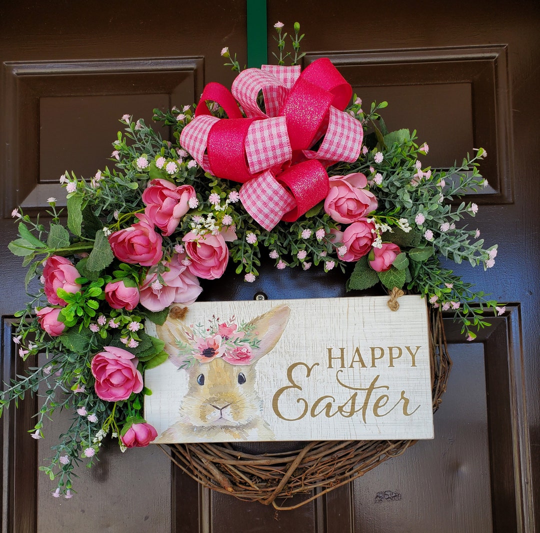 Pink Bunny Wreath for Front Door Hanger, Happy Easter Rabbit Wreath for ...