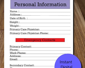 Child Emergency Information Printable, Parent Contact Form, Doctor and ...