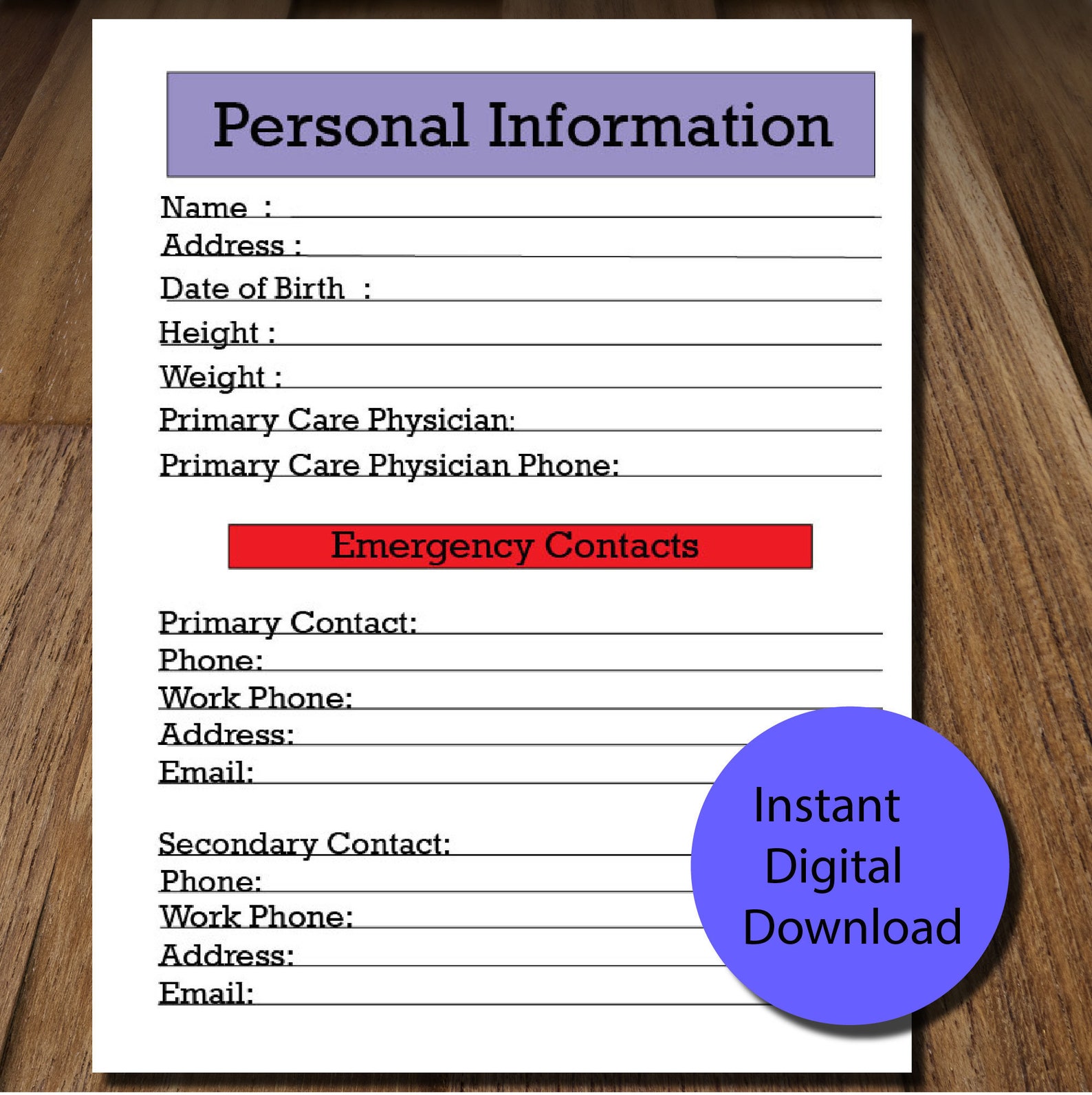 Emergency Contact Personal Information Digital Printable - Etsy