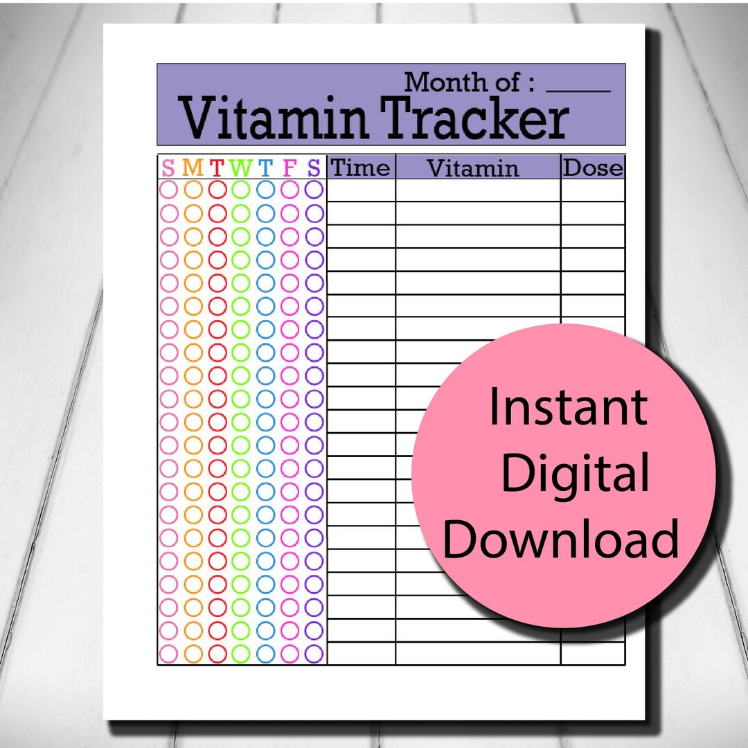 Printable Monthly Vitamin Tracker, Print at Home Vitamin Log, Healthy ...