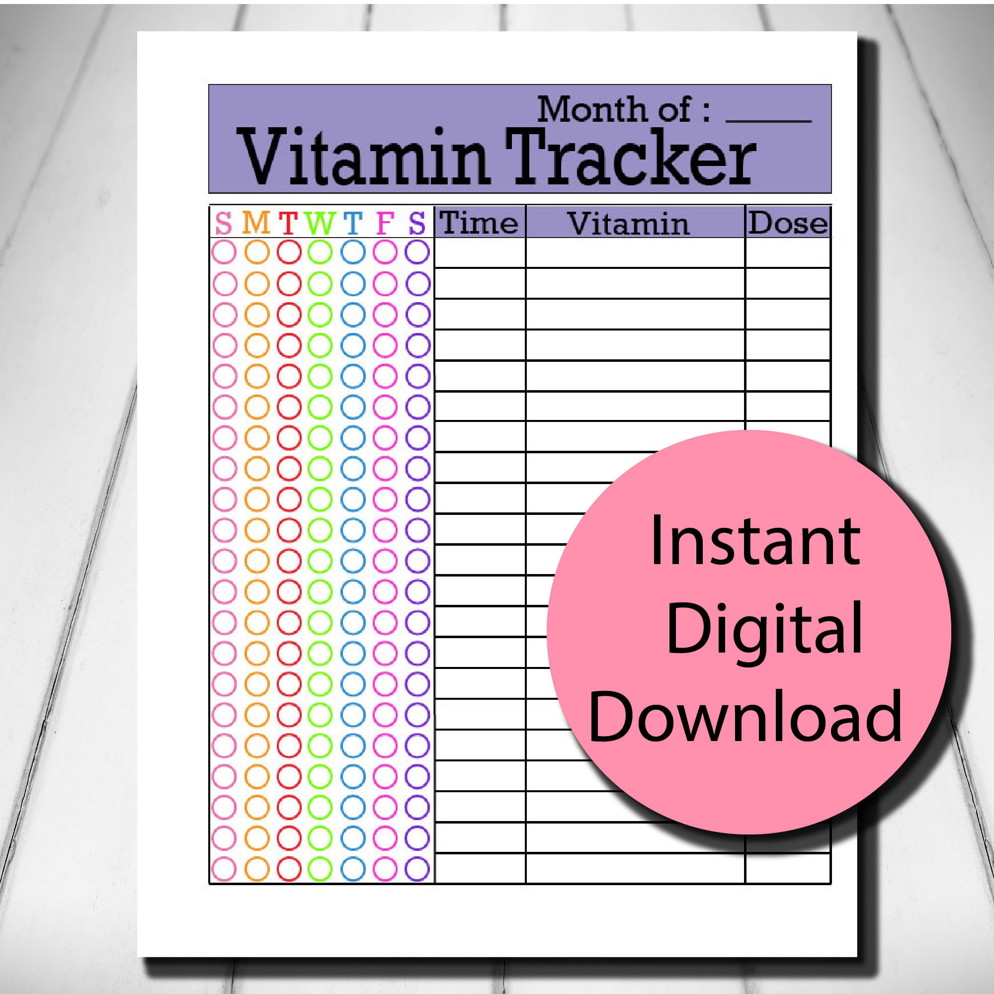 Printable Monthly Vitamin Tracker, Print at Home Vitamin Log, Healthy ...
