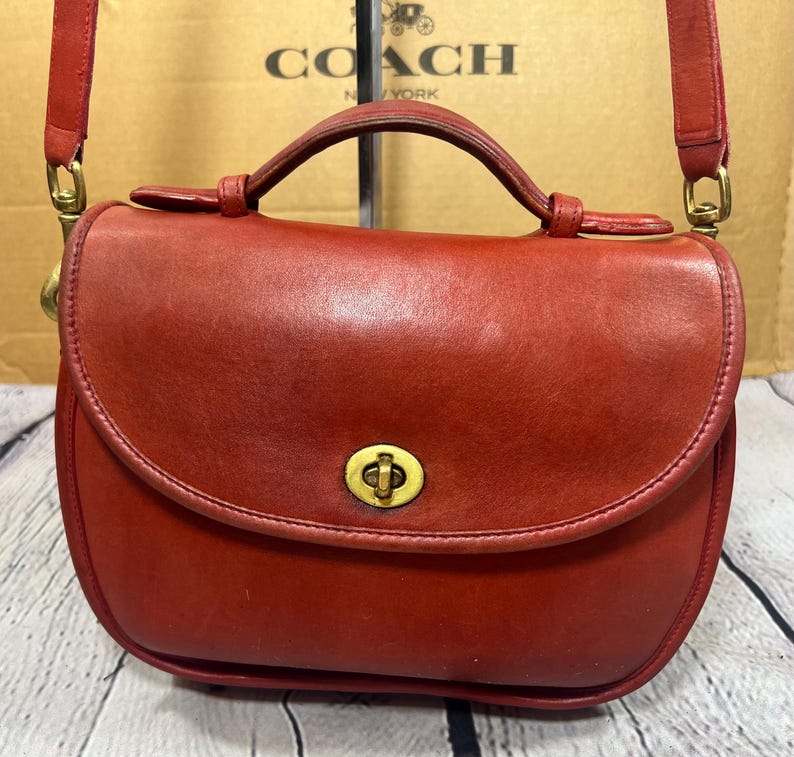 Vintage Coach 9860 Plaza Bag Made ‘80s RED Full-grain Leather BRASS ...