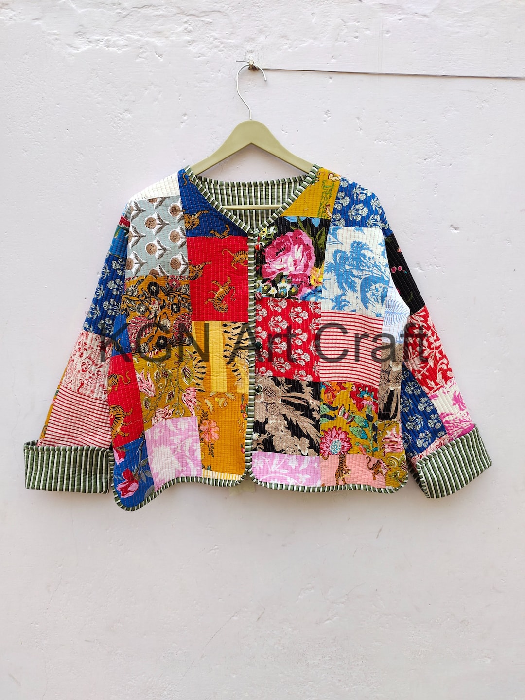 Cotton Quilted Jacket Women Wear Front Open Kimono Stripe Piping ...