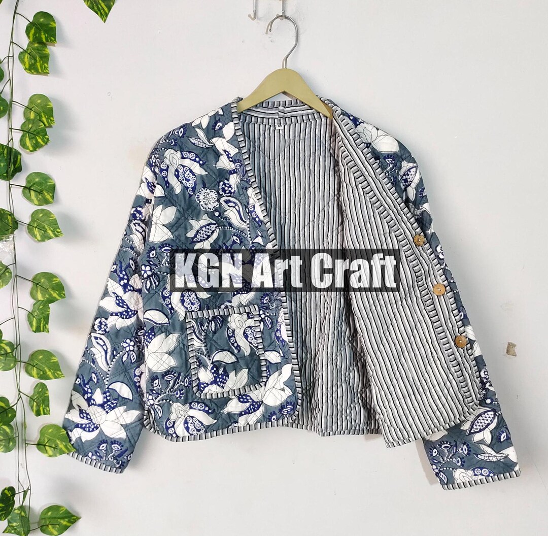Reversible Cotton Quilted Jacket, Floral Handmade Strip Piping Quilted ...