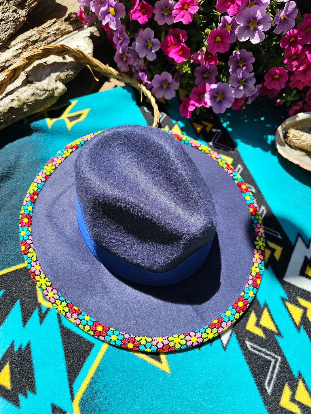 Beaded Indigenous Blue Floral Fedora. Peyote Stitch Beaded Wool Hat ...
