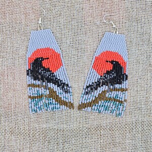 Beaded Raven Fringed Earring. Indigenous Beaded Earrings. Halloween ...