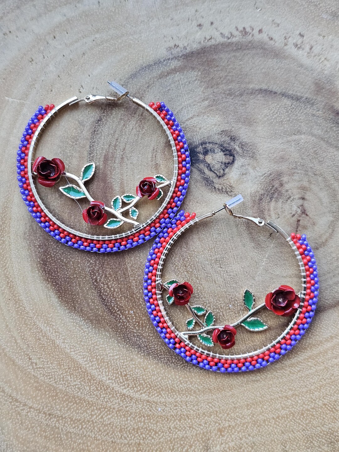 Beaded Red Rose Flower Hoop Earrings. Indigenous Rose Hoop Earrings ...