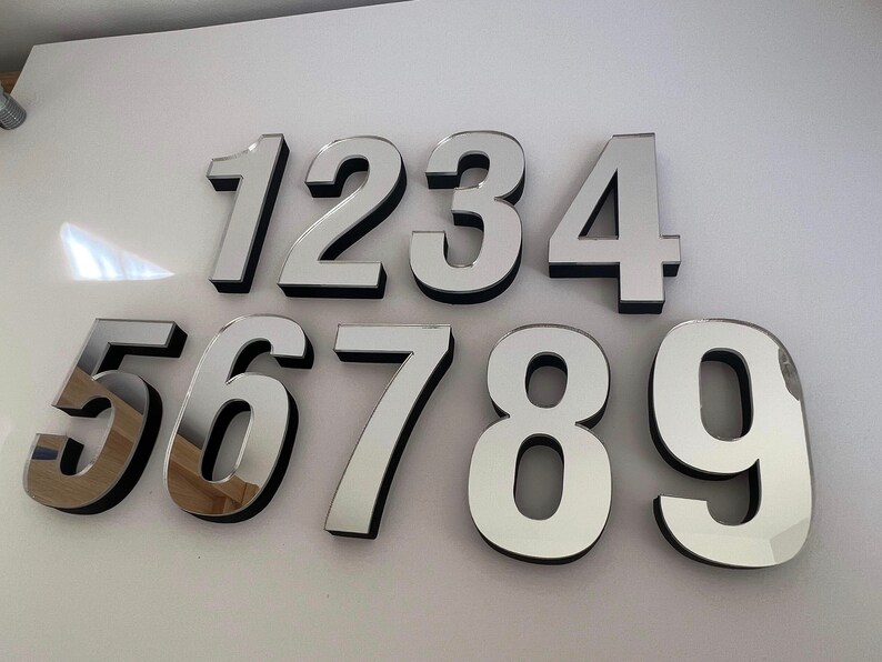 3D Mirrored Number, 3D House Door Numbers, Mirror Silver Stick on Nu ...