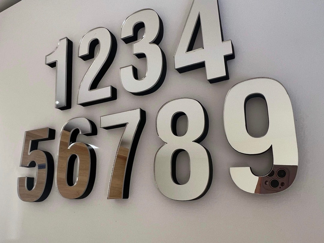 3D Mirrored Number, 3D House Door Numbers, Mirror Silver Stick on Nu ...