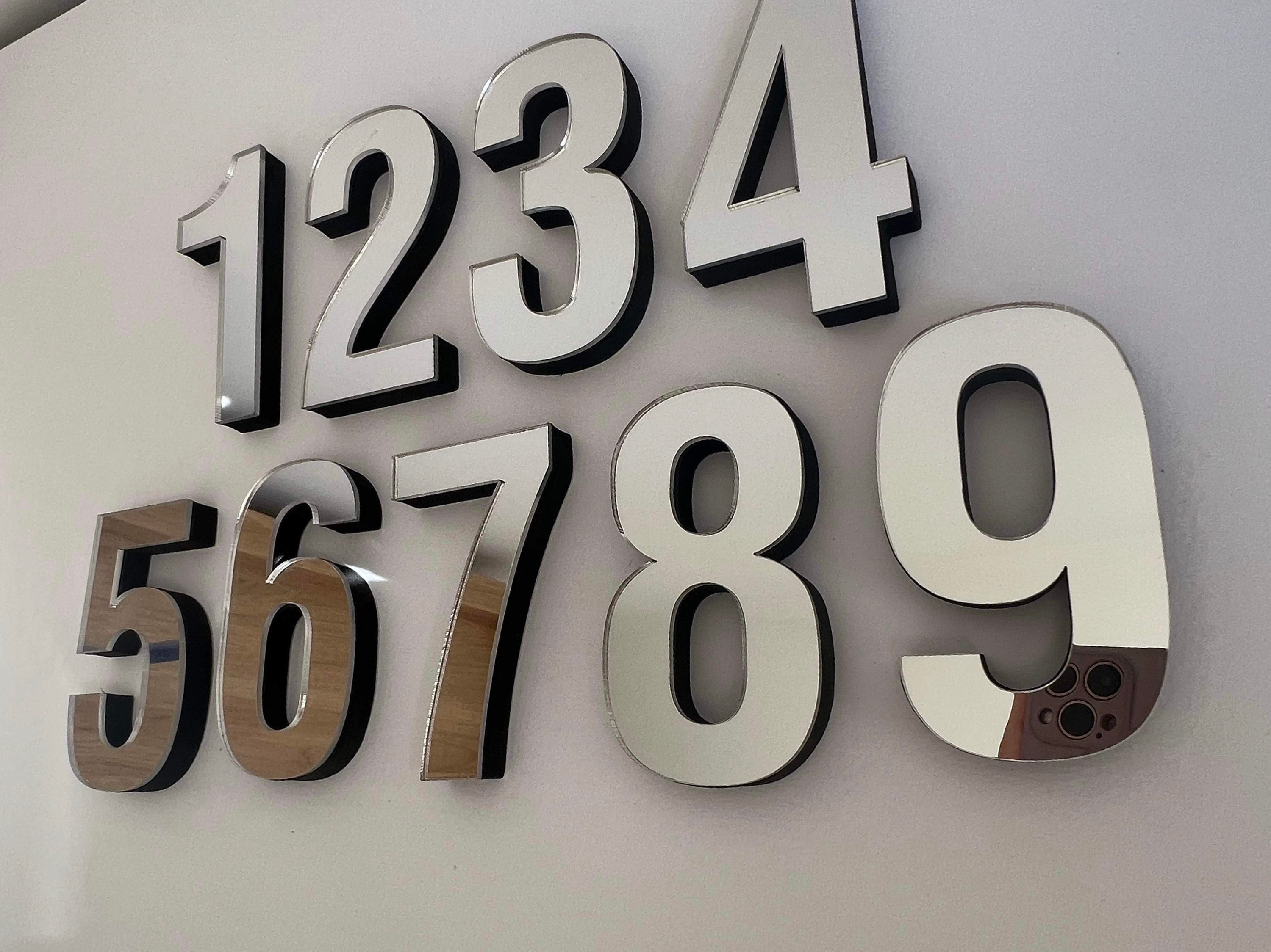 3D Mirrored Number, 3D House Door Numbers, Mirror Silver Stick on Nu ...