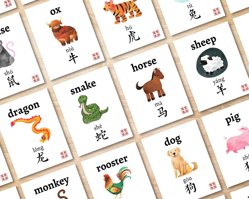 Chinese Zodiac Animals Signs Flashcards Kids Bilingual Cards | Etsy