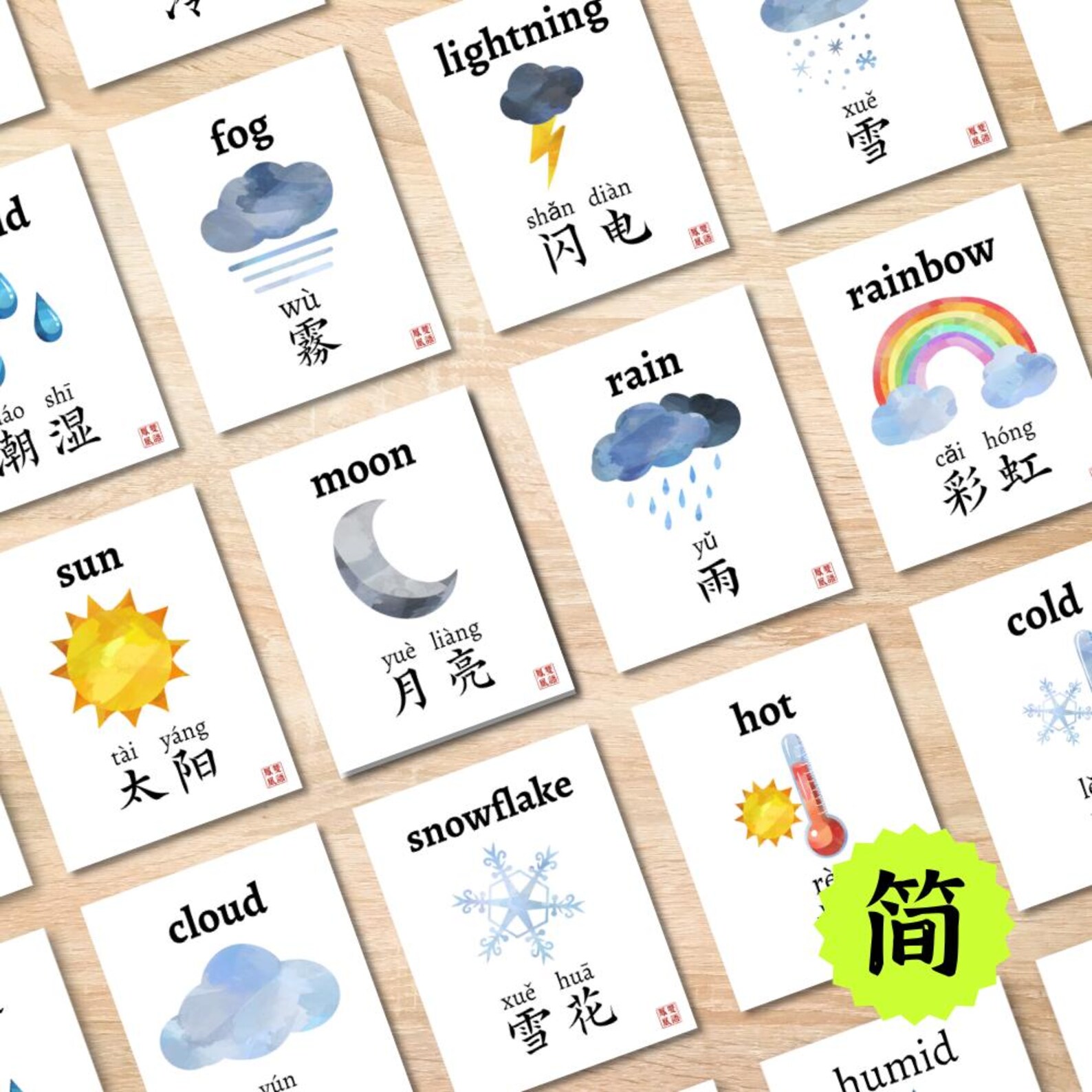 Weather Chinese Flashcards, Bilingual Chinese Weather Flash Cards With ...