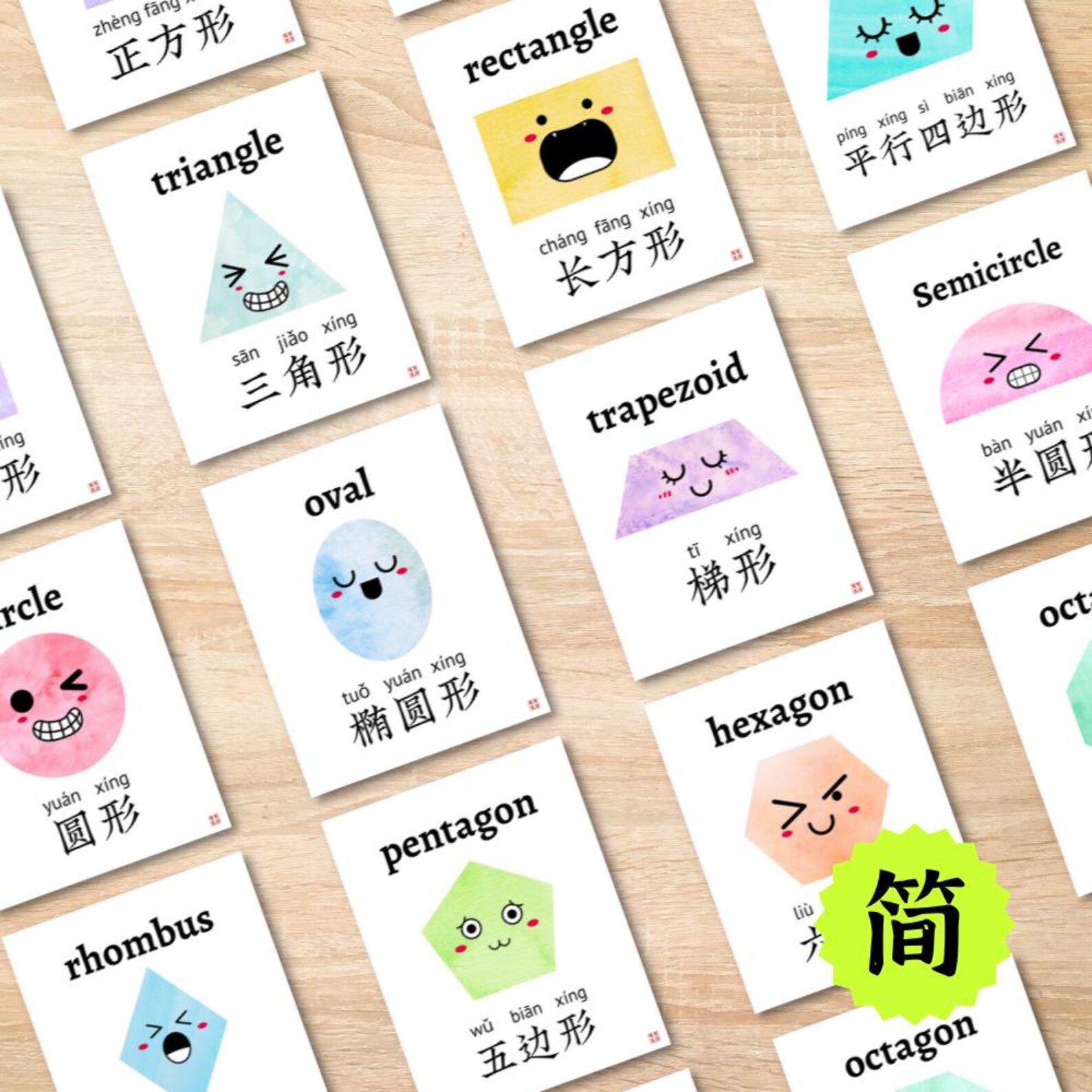 Simplified Chinese 2D Geometric Shapes With Cute Emoji Flashcards ...