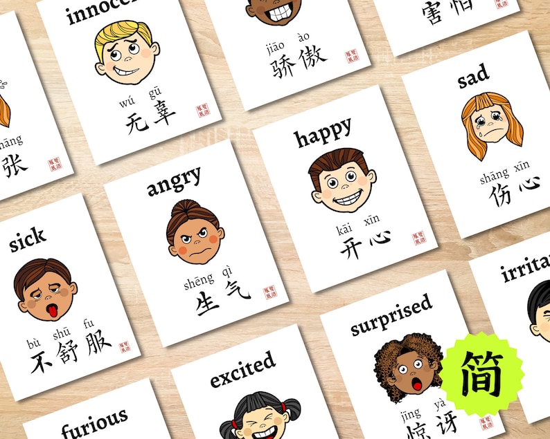 Emotions Feelings Flashcards Chinese Feelings Cards Kids Expressions ...