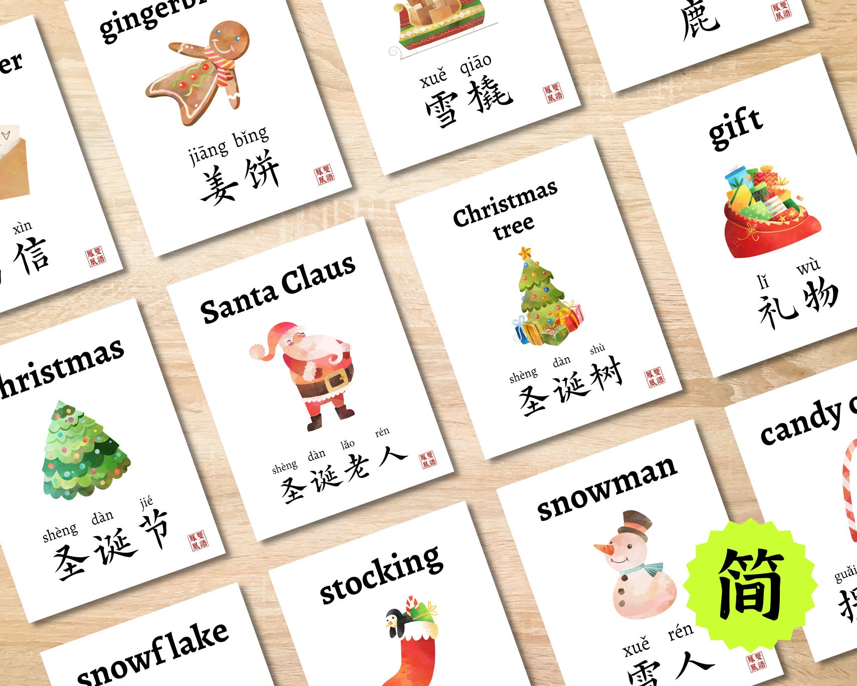 Christmas Simplified Chinese Flashcards, Bilingual Mandarin Holiday ...