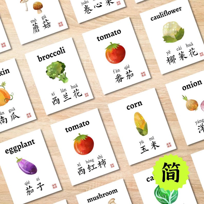 Vegetable Food Chinese Flashcards Kids Veggie Bilingual Cards ...