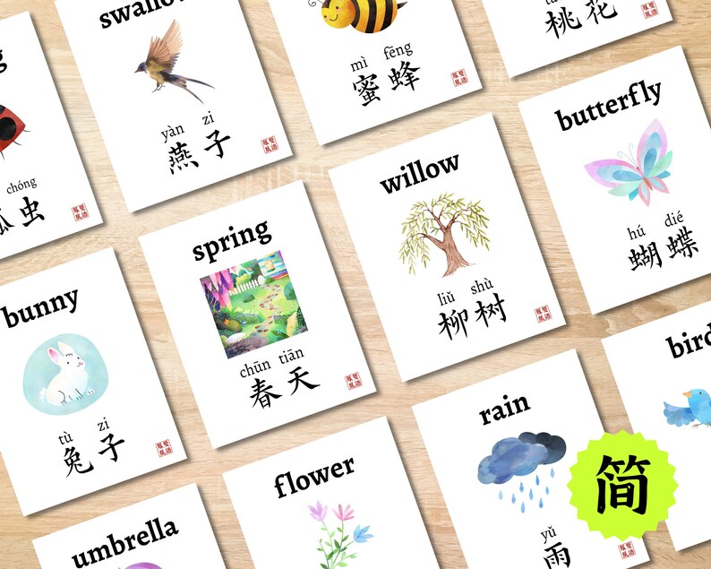 Simplified Chinese Spring Flashcards, Bilingual Mandarin Seasons Cards ...