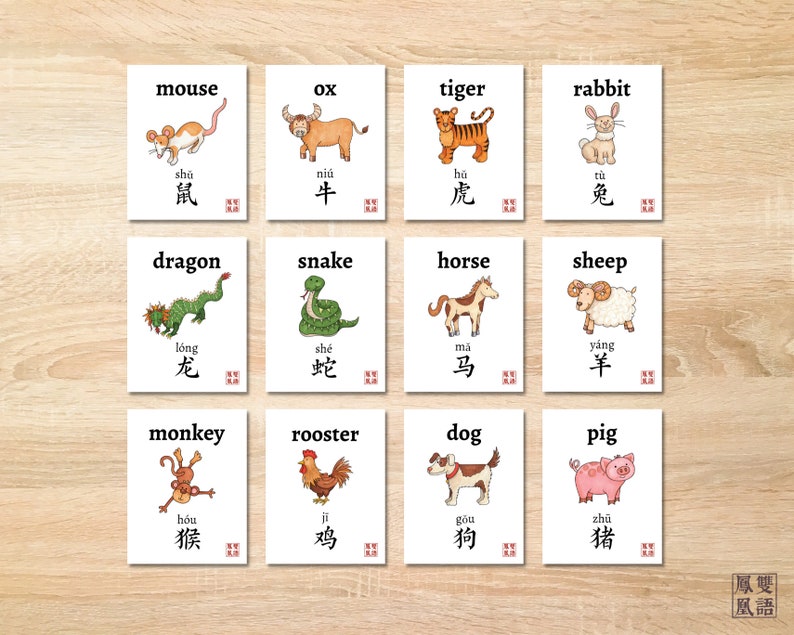 Bilingual Chinese Zodiac Animals Signs Flashcards, Chinese Lunar New ...
