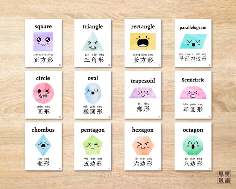 Simplified Chinese 2D Geometric Shapes With Cute Emoji Flashcards ...