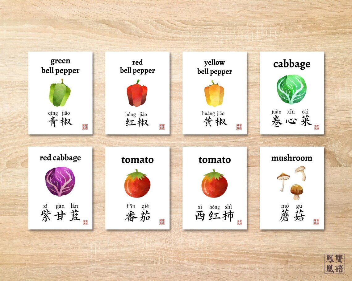 Vegetable Food Chinese Flashcards Kids Veggie Bilingual Cards ...