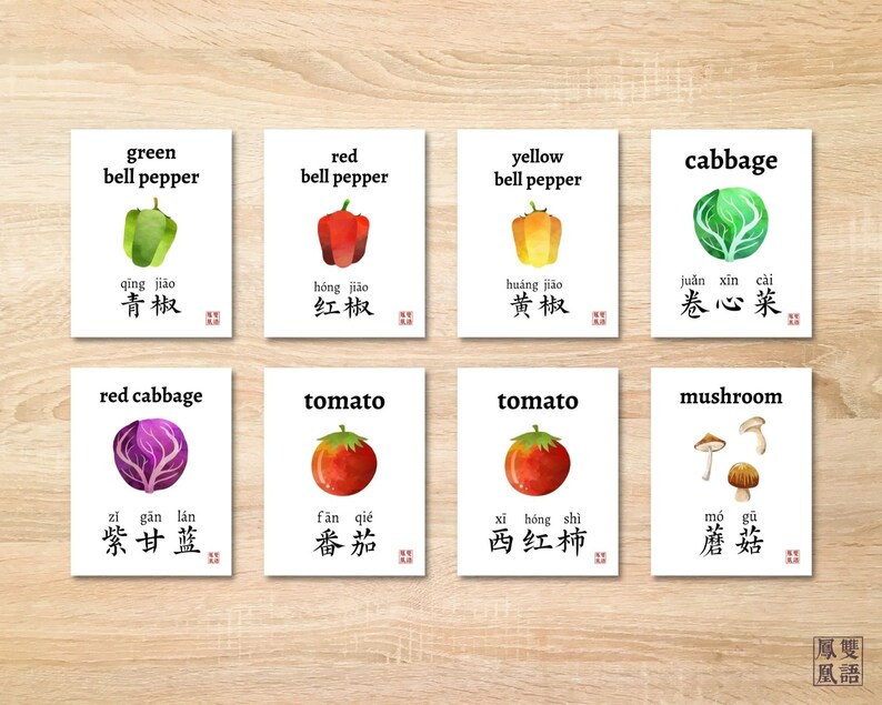Vegetable Food Chinese Flashcards Kids Veggie Bilingual Cards ...