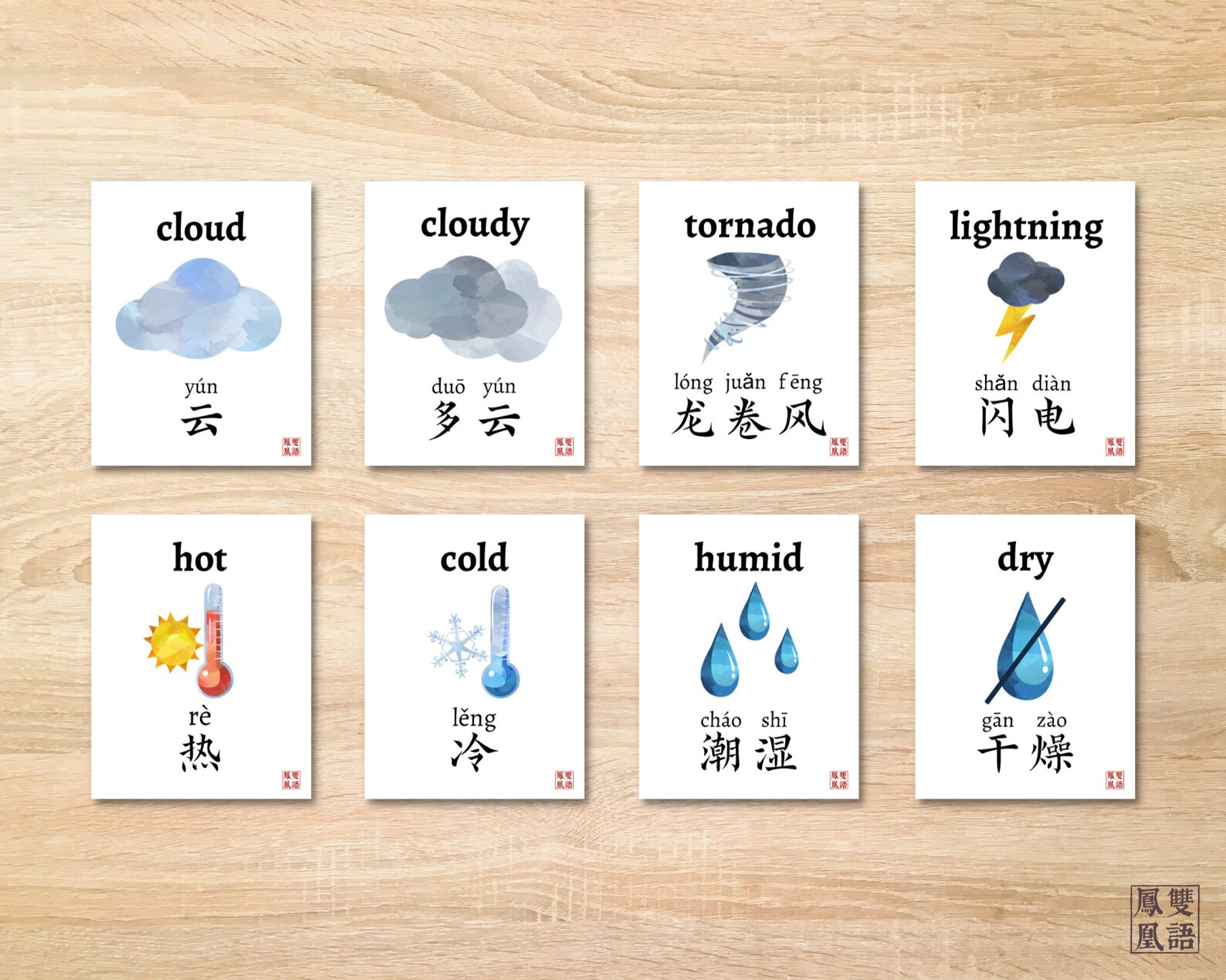 Weather Chinese Flashcards, Bilingual Chinese Weather Flash Cards With ...