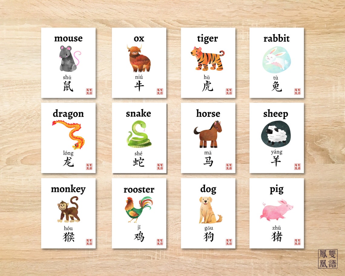Chinese Zodiac Animals Signs Flashcards Kids Bilingual Cards Simplified ...