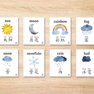 Weather Chinese Flashcards, Bilingual Chinese Weather Flash Cards With ...