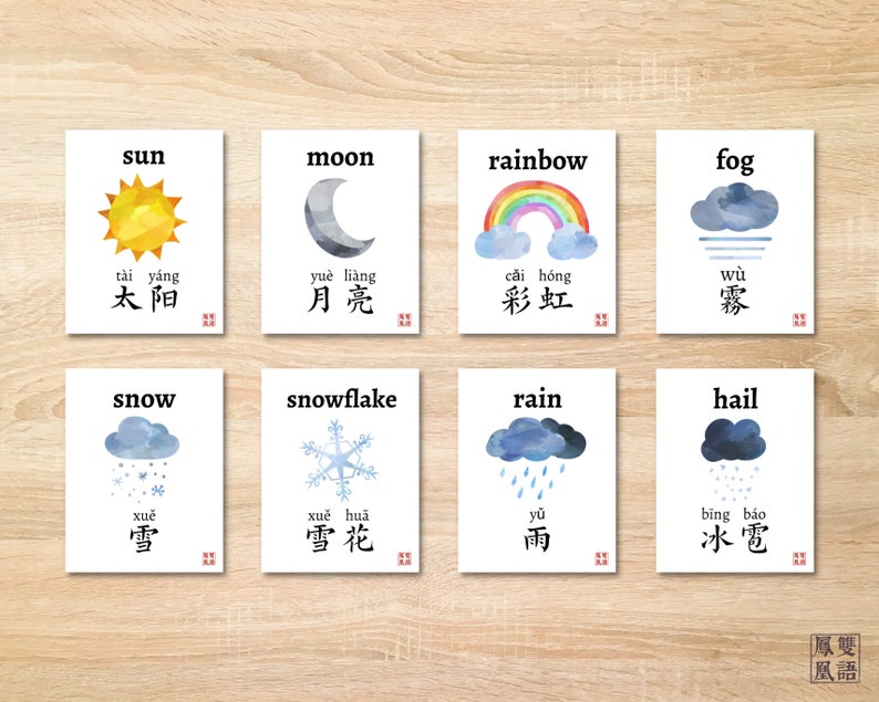 Weather Chinese Flashcards, Bilingual Chinese Weather Flash Cards With ...