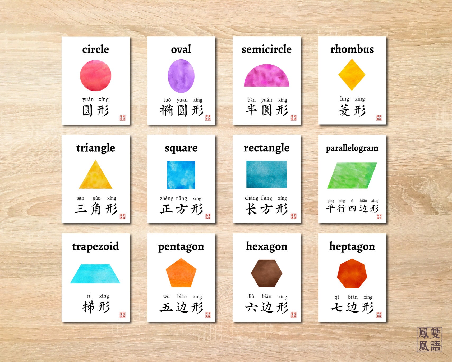 2D Shapes Chinese Flashcards, Bilingual Chinese Math Geometry Flash ...