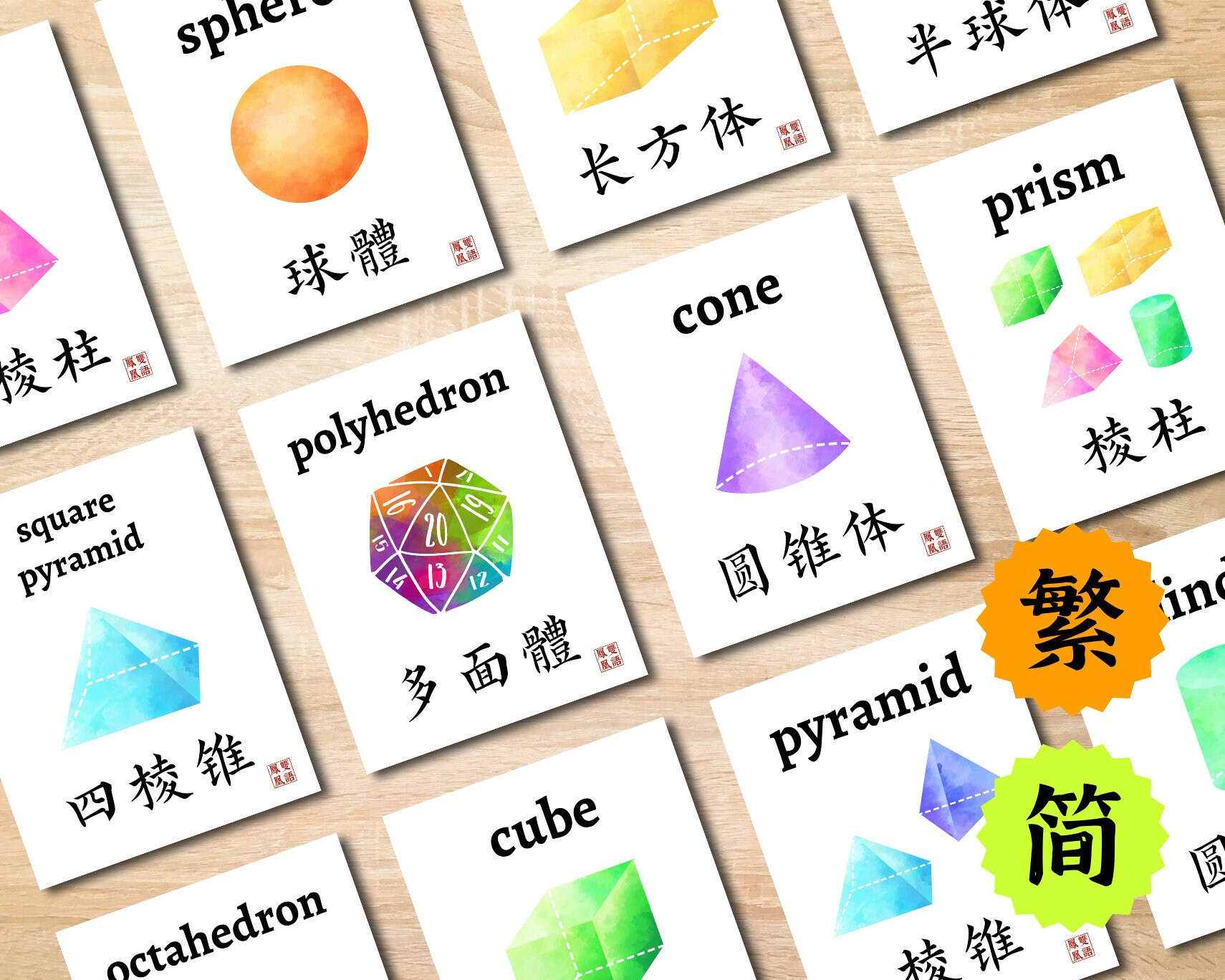 Bilingual Chinese 3D Shapes Flashcards, Mandarin Watercolor Math ...