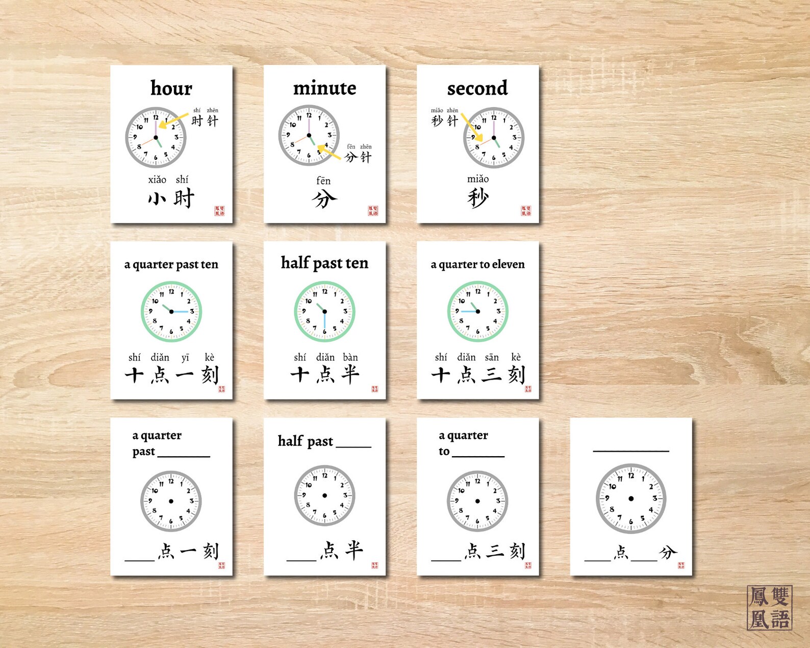 Simplified Chinese Telling Time Clock Flashcards, Bilingual Chinese ...