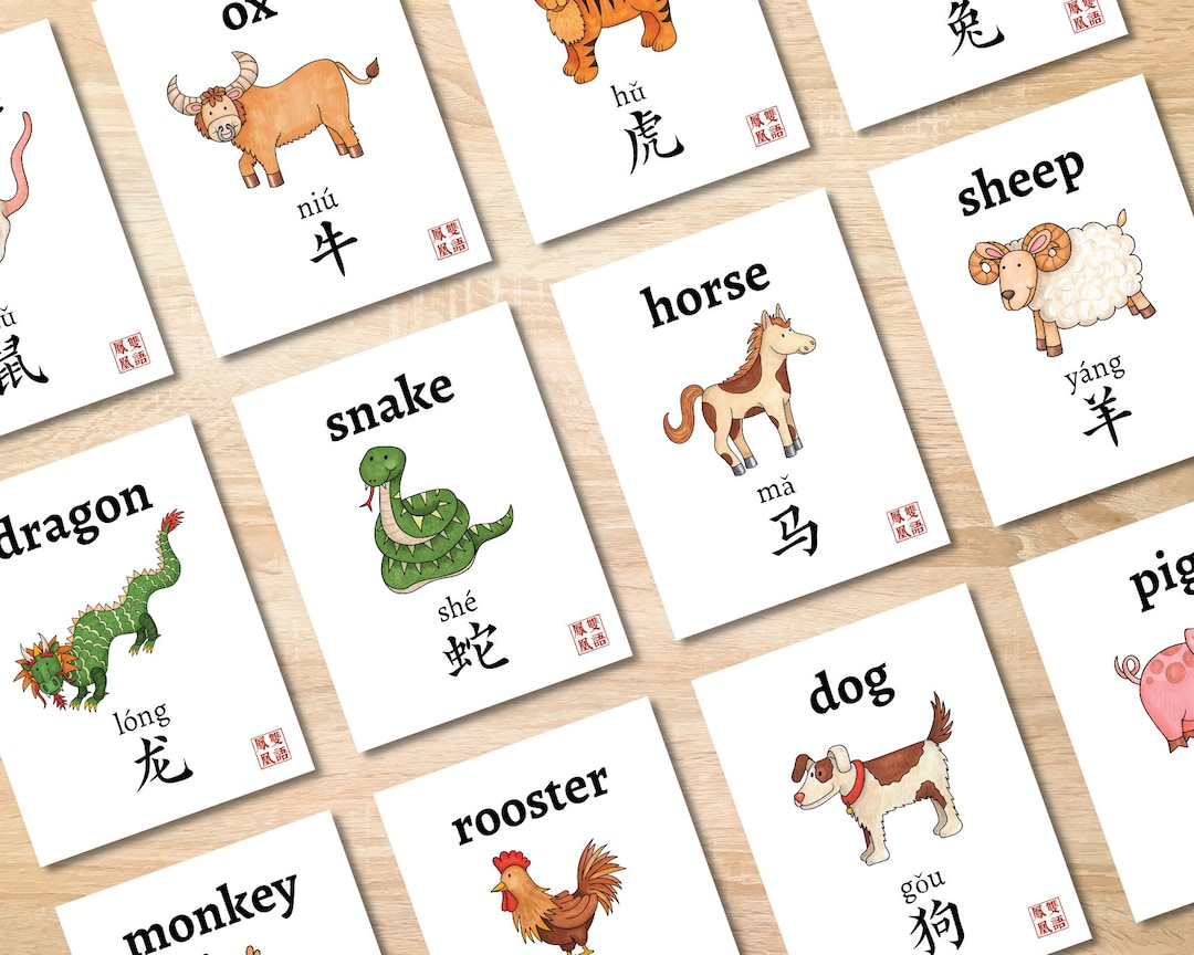 Bilingual Chinese Zodiac Animals Signs Flashcards Chinese - Etsy