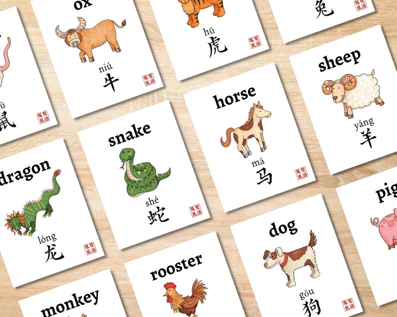Bilingual Chinese Zodiac Animals Signs Flashcards Chinese - Etsy