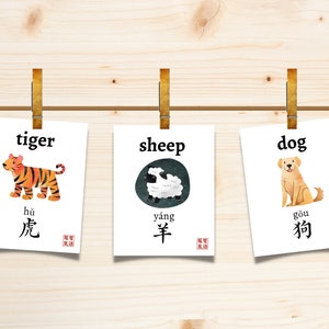 Chinese Zodiac Animals Signs Flashcards Kids Bilingual Cards Simplified ...
