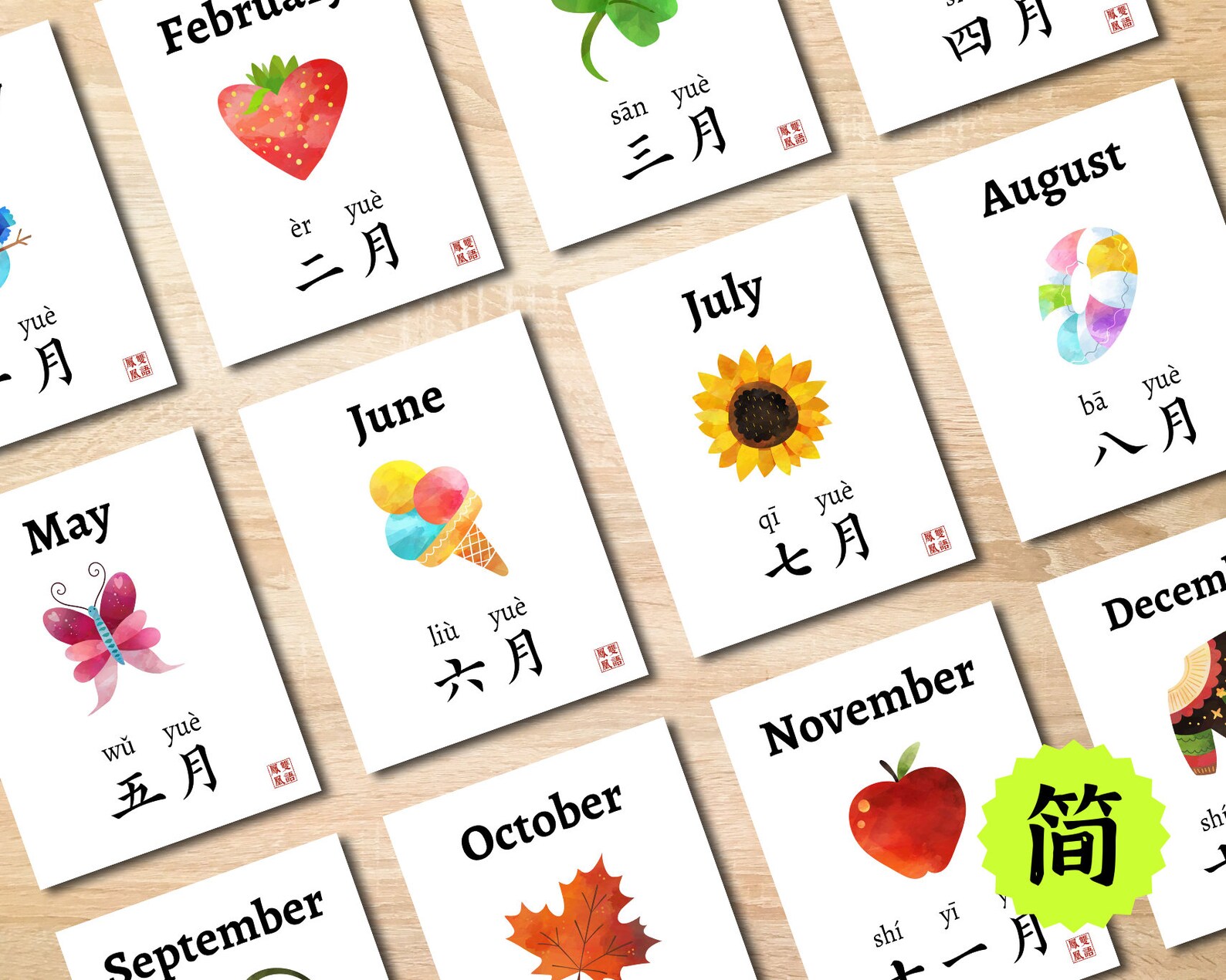 Months of the Year Chinese Flash Cards, Bilingual Mandarin Printable ...
