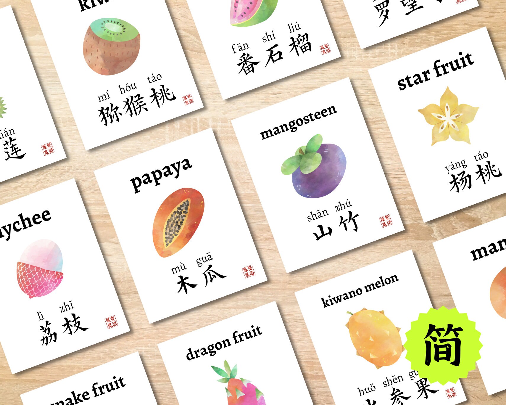 Tropical Exotic Fruits Chinese Flashcards, Food Bilingual Chinese Flash ...