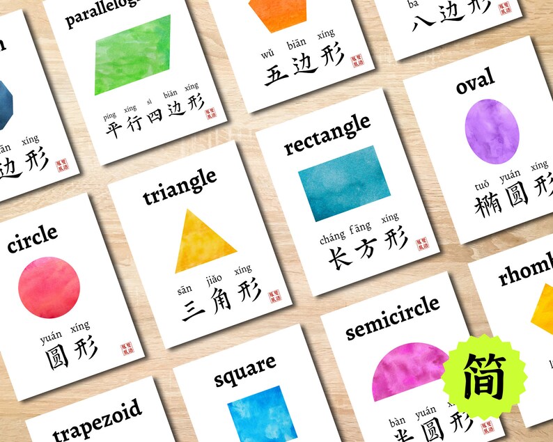 Tarjetas didácticas de formas 2D en chino simplificado, tarjetas ...