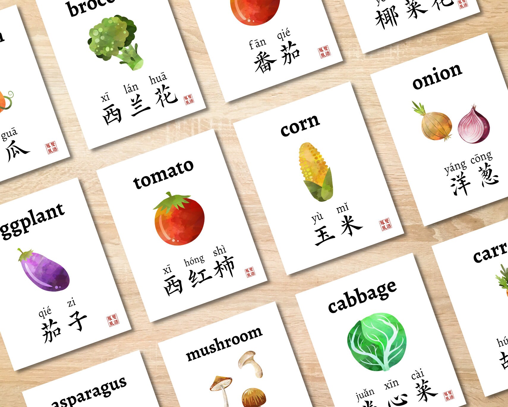 Vegetable Food Chinese Flashcards Kids Veggie Bilingual Cards - Etsy