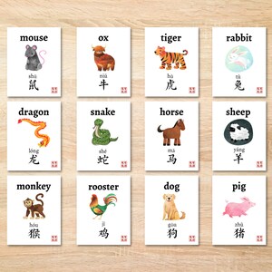 Chinese Zodiac Animals Signs Flashcards Kids Bilingual Cards | Etsy