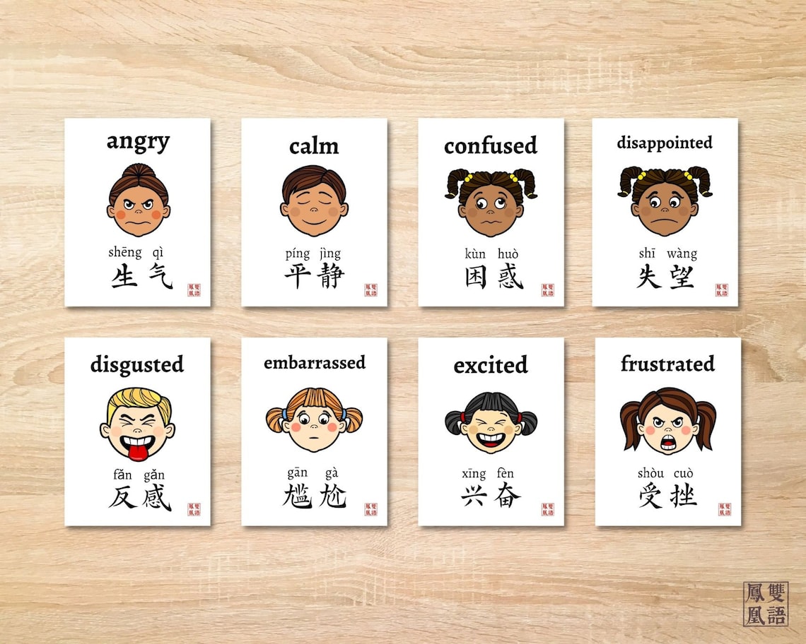 Emotions Feelings Flashcards Chinese Feelings Cards Kids Expressions ...