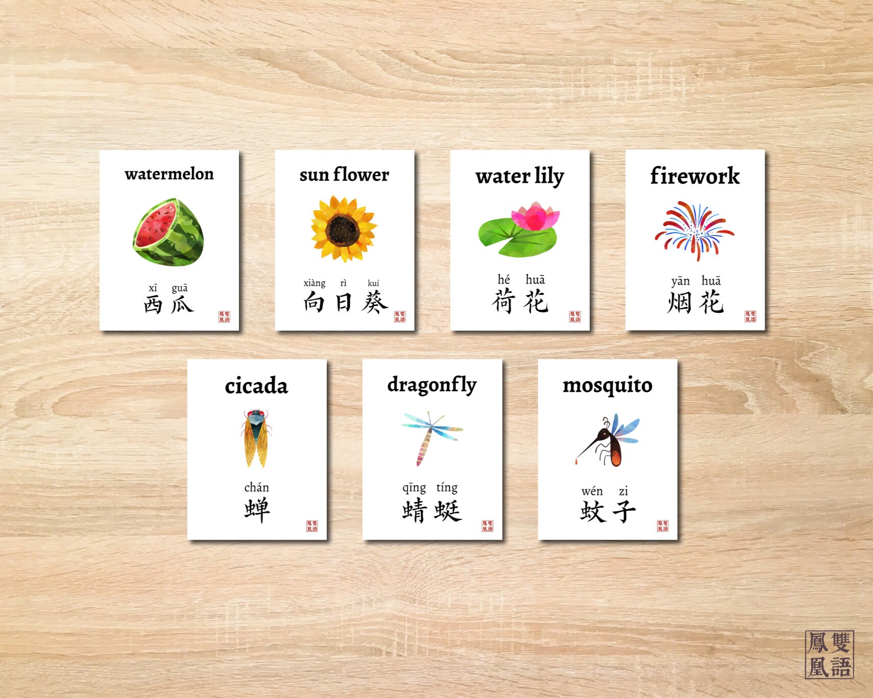 Summer Chinese Flashcards, Bilingual Simplified Chinese Seasons Flash ...
