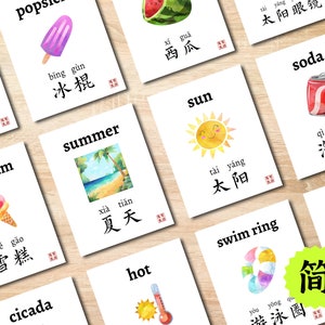Summer Chinese Flashcards, Bilingual Simplified Chinese Seasons Flash ...