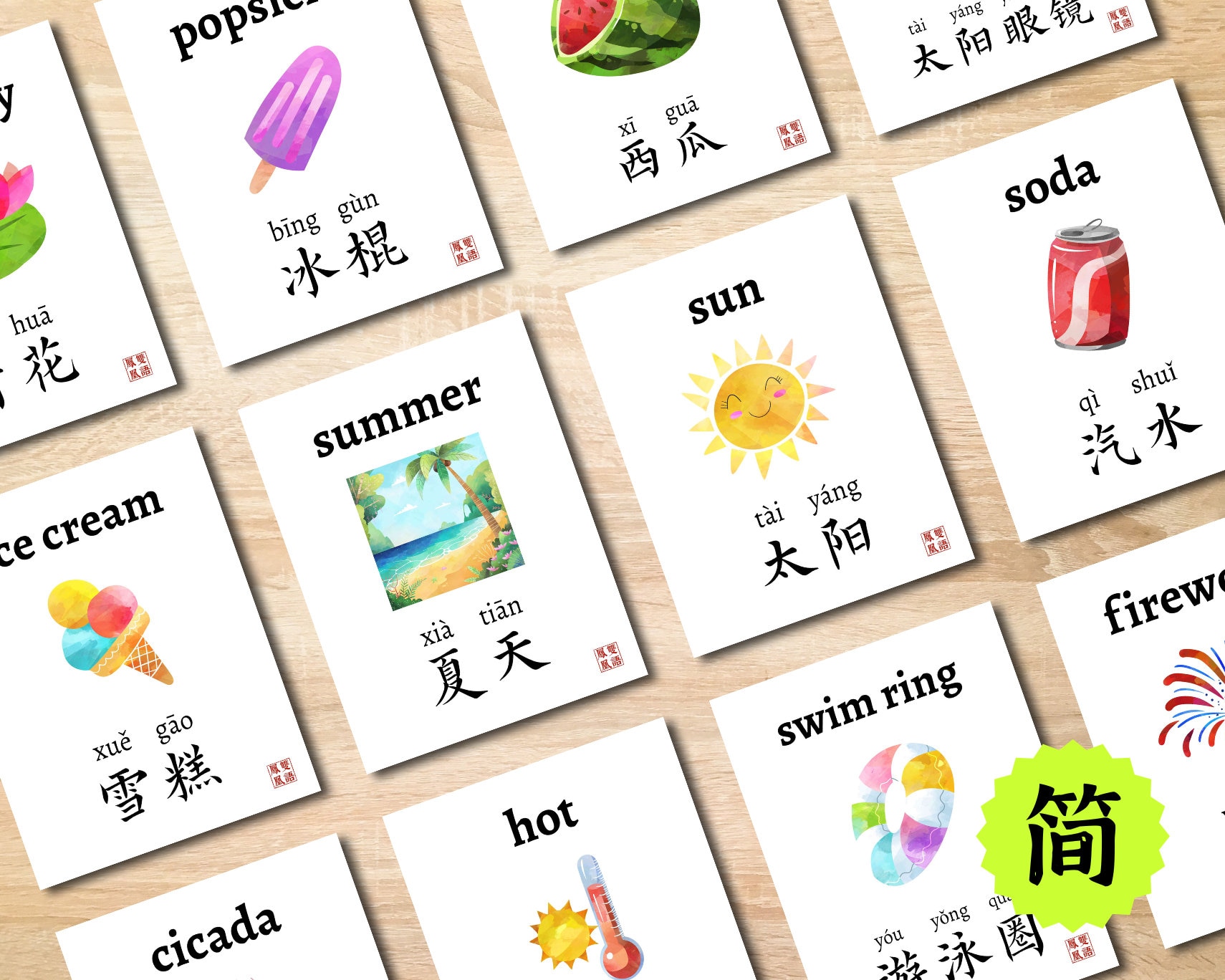 Summer Chinese Flashcards, Bilingual Simplified Chinese Seasons Flash ...