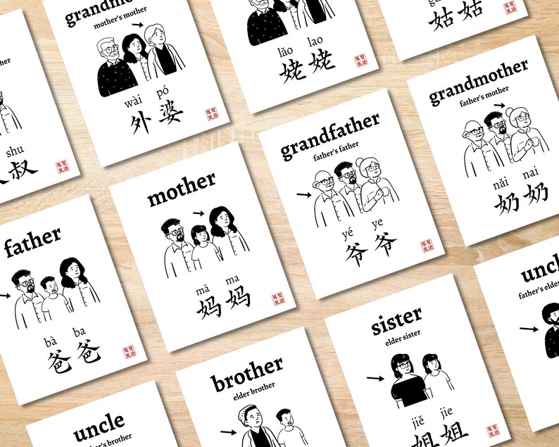 Chinese First Words My Family and Relatives Flashcards Family - Etsy
