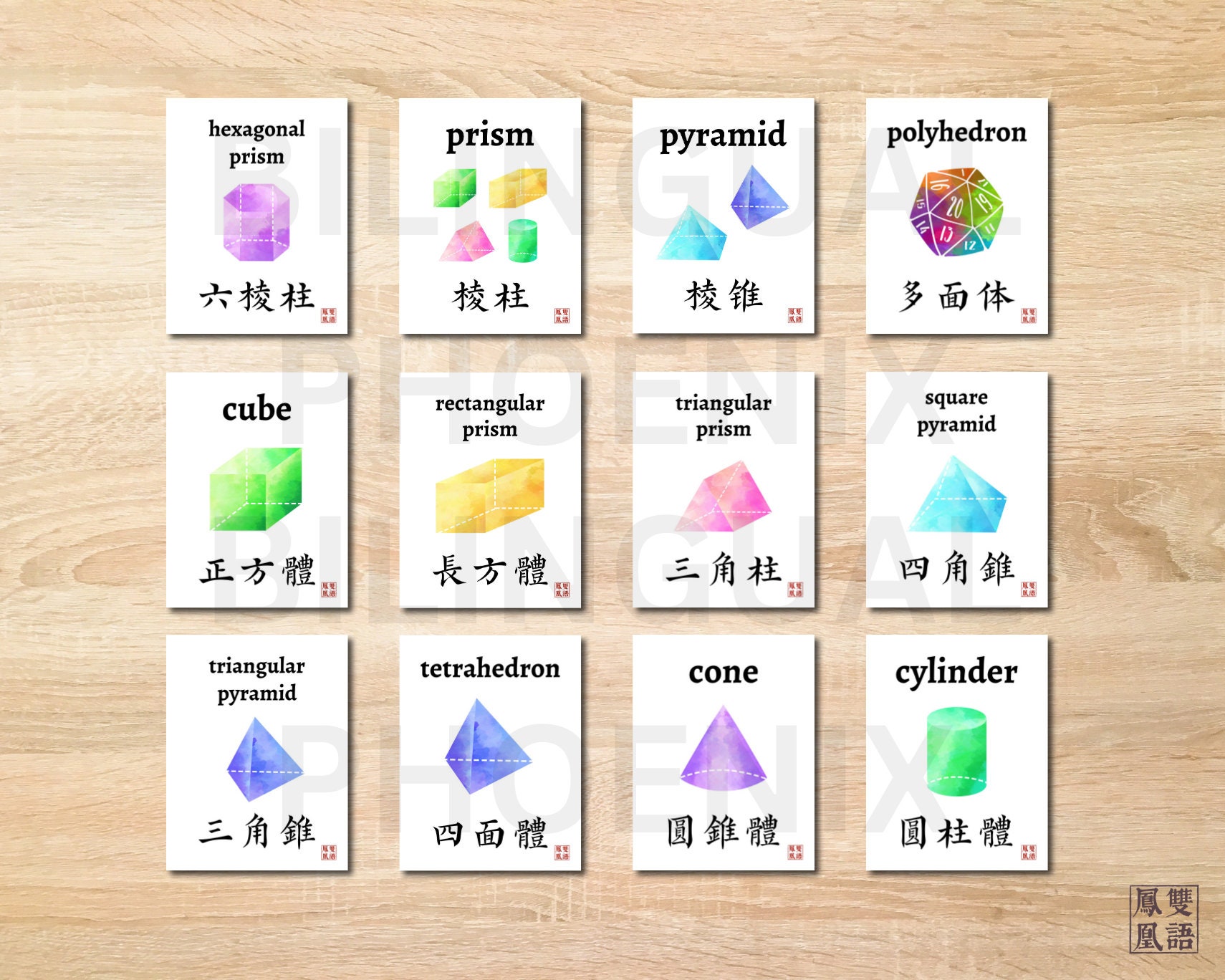 Bilingual Chinese 3D Shapes Flashcards, Mandarin Watercolor Math ...